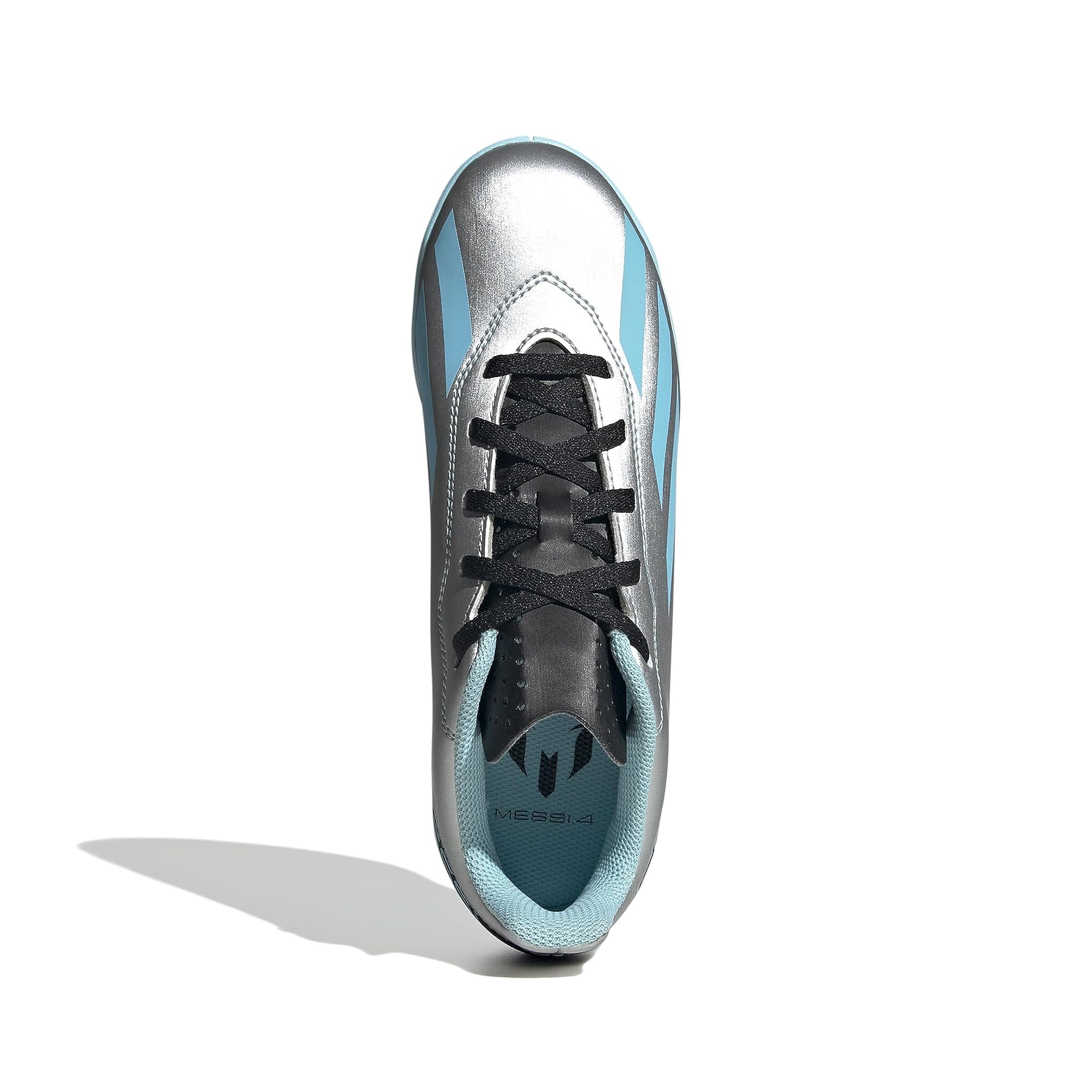 adidas X Crazyfast Messi.4 Indoor Sneaker, Silver Metallic/Bliss Blue/Core Black, 11 US Unisex Little Kid