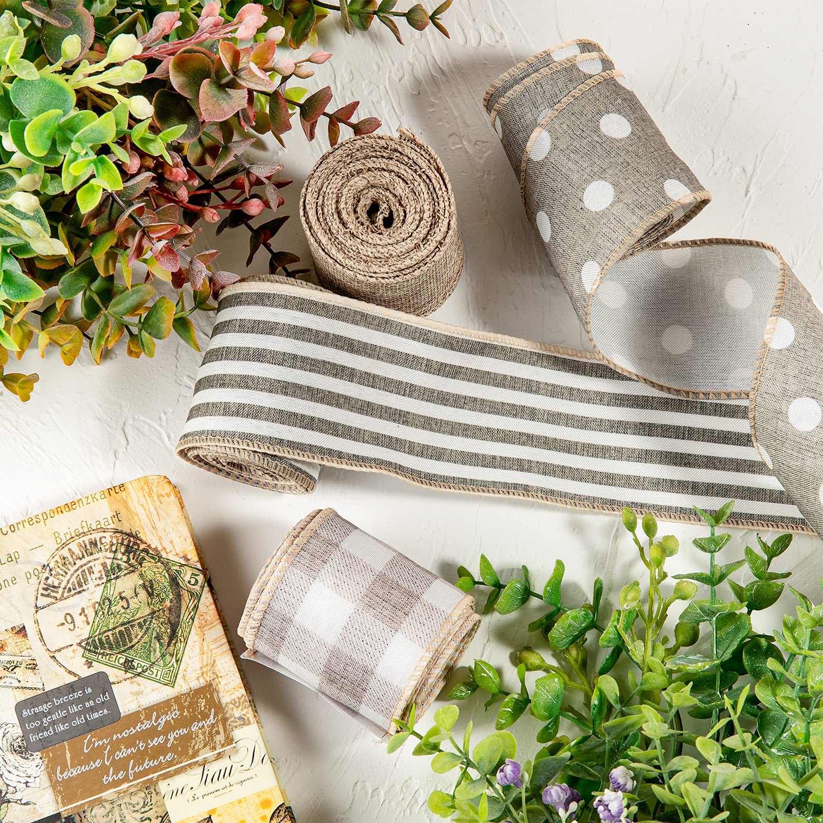 Whaline Farmhouse Wired Edge Ribbon 4 Rolls White Polka Dots Buffalo Plaid Stripe Ribbon Rustic Farmhouse Craft Ribbon for Spring Wedding Ribbon Wreaths Assorted DIY Gift Wrapping 2.5In x 20 Yard