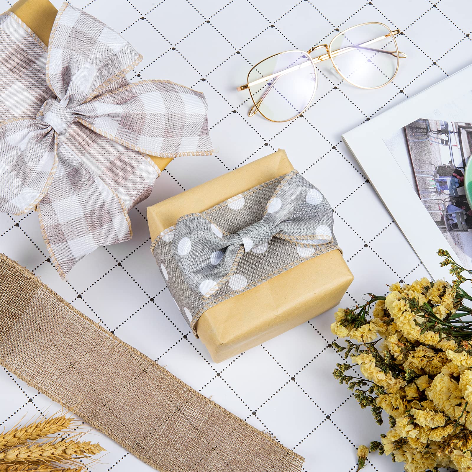 Whaline Farmhouse Wired Edge Ribbon 4 Rolls White Polka Dots Buffalo Plaid Stripe Ribbon Rustic Farmhouse Craft Ribbon for Spring Wedding Ribbon Wreaths Assorted DIY Gift Wrapping 2.5In x 20 Yard