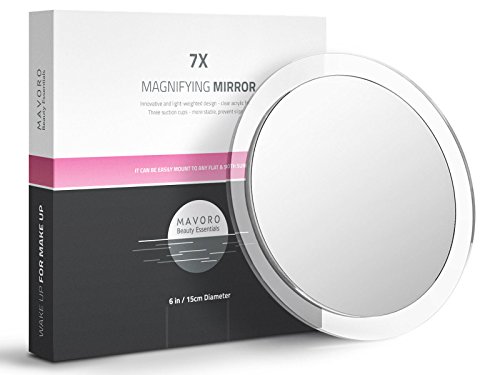 Mavoro Magnifying Mirror with Suction Cups - Triple Suction Cup Stick on Mirror with 7X Magnification. Portable Travel Makeup Mirror, Magnified Cosmetic Mirror with Cloth. Mirrors for Dorm Decor