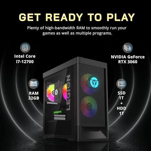 Lenovo Legion 5i Tower Gen 7 Gaming Desktop, Intel Core i7-12700 Processor, 32GB DDR5 RAM, 1TB PCIe SSD + 1TB HDD, NVIDIA GeForce RTX 3060 12G DDR6, Win 11 Pro, Black, 32GB Hotface USB Card