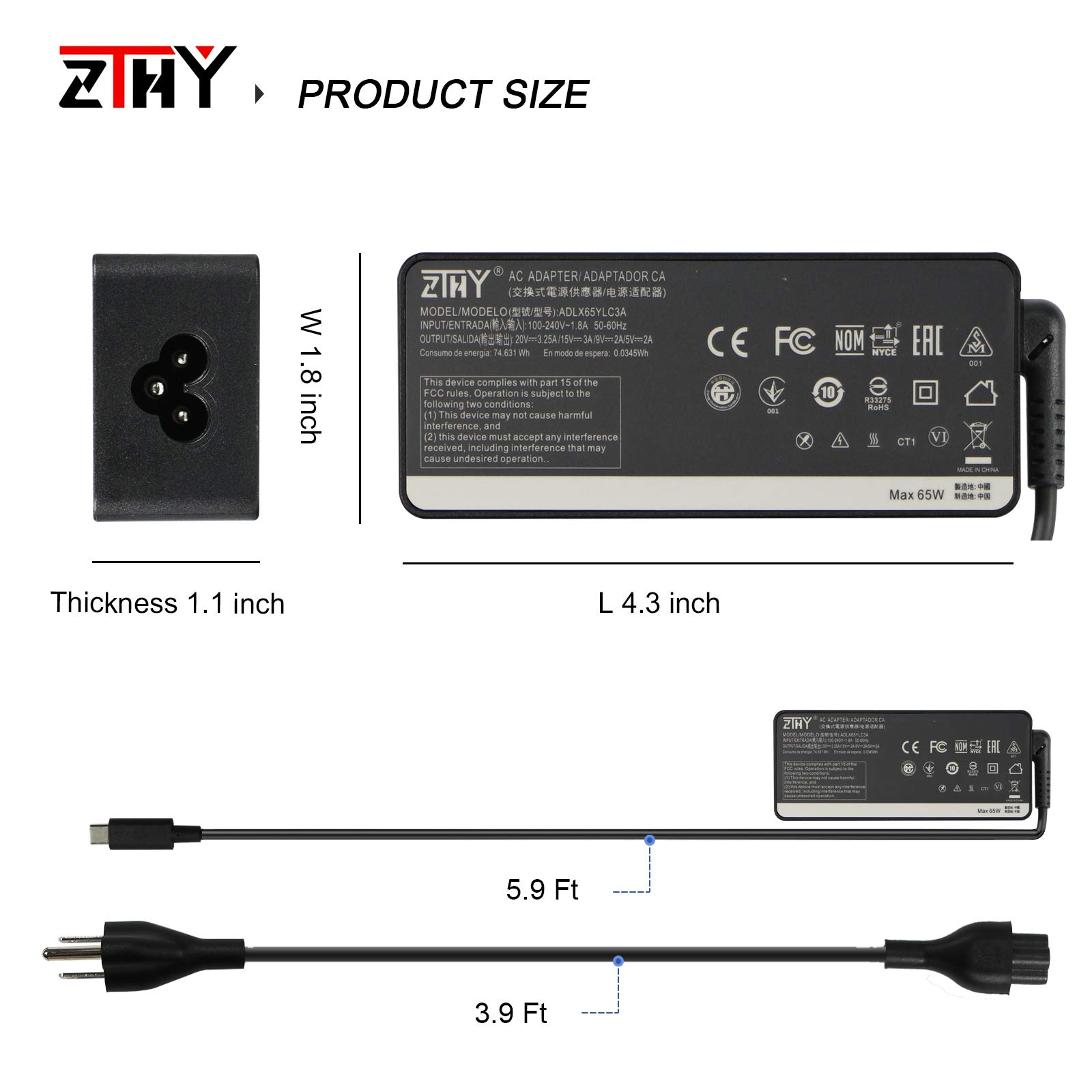 New 65W USB-C Charger Travel Compatible with Lenovo Chromebook 100e 300e 500e C330 S330 ThinkPad T480 T580 E14 E15 L13 L14 L15 P14s p15s T14 T15 A485 T590 C930 C940 AC Adapter Power Supply