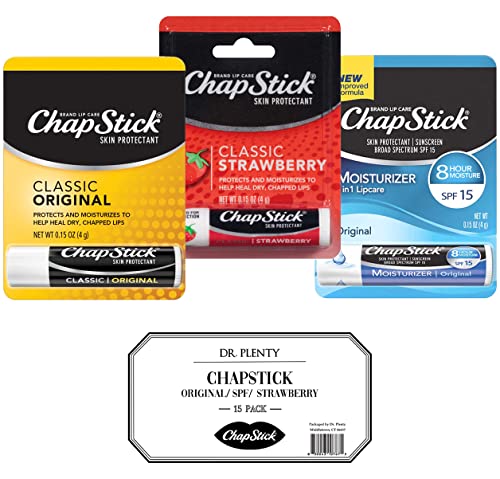 Chapstick Variety Pack Classic Original, SPF 15, & Strawberry Lip Balm Sticks Bulk, 0.15 Oz (15 Count) - Chap Stick Skin Protectant Moisturizer Tubes, Stocking Stuffers - By Dr. Plenty