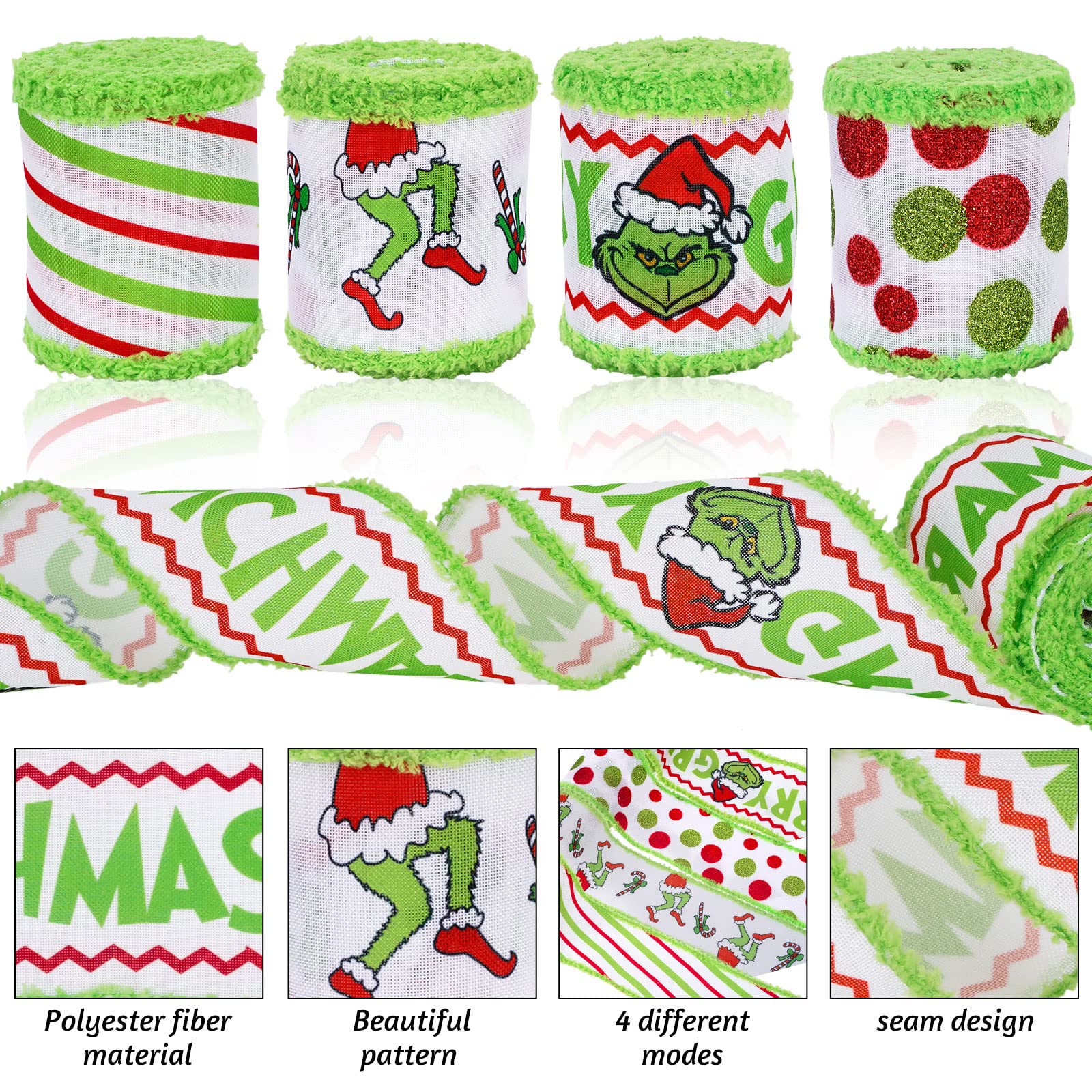 AnyDesign Christmas Wired Edge Ribbon Rolls 2.5 Inch 24 Yards Christmas Craft Fabric Ribbon Cartoon Character Stripe Dot Gift Wrapping Ribbon for Xmas Tree Wreath Bow DIY Craft Decoration, 4 Rolls