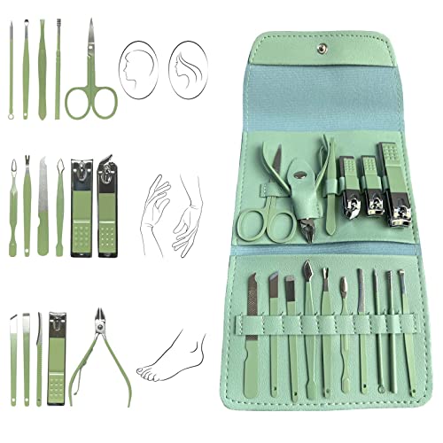 MAKEVAYEE Manicure Set, 16 in 1 Manicure Professional Nail Clippers Kit, Stainless Steel Manicure Tools With Nail File Cuticle Trimmer Grooming Kits, Manicure Set for Women Man Grils Gift (Green)