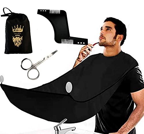 Barber Cap Beard Apron Bib Hair Clippings Catcher With Beard Shaping Tool, Scissors & Bag Mens Gifts Waterproof and Non-Stick Grooming Beard Cape Apron for Shaving Suction Cups Gift for Men (Black)