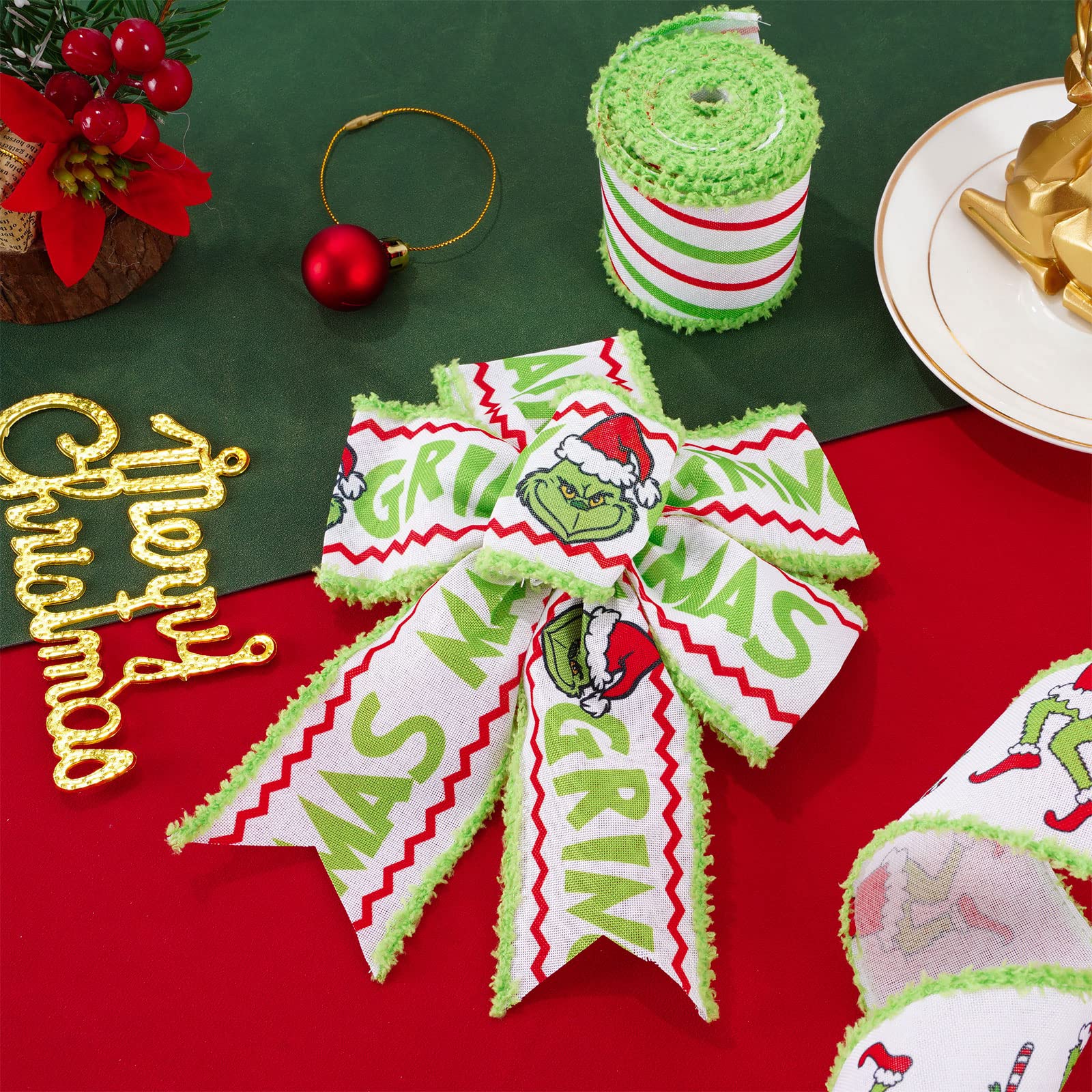 AnyDesign Christmas Wired Edge Ribbon Rolls 2.5 Inch 24 Yards Christmas Craft Fabric Ribbon Cartoon Character Stripe Dot Gift Wrapping Ribbon for Xmas Tree Wreath Bow DIY Craft Decoration, 4 Rolls