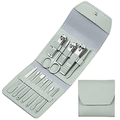 ZZZRCGS manucure pedicure set for women nail kit manicure nail tool set nail products travel nail clippers mani pedi kit at home manicure kit nail clipper set 12 in 1 leather bag (Matcha green)