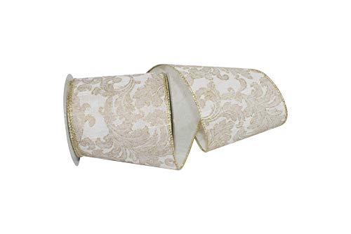 Reliant Ribbon Filigree Rococco Elegance Wired Edge Ribbon, 4 Inch X 10 Yards, Ivory/gold