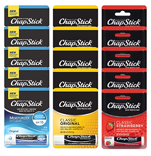 Chapstick Variety Pack Classic Original, SPF 15, & Strawberry Lip Balm Sticks Bulk, 0.15 Oz (15 Count) - Chap Stick Skin Protectant Moisturizer Tubes, Stocking Stuffers - By Dr. Plenty