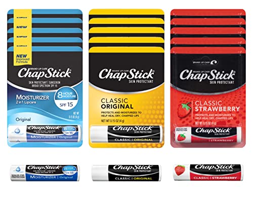 Chapstick Variety Pack Classic Original, SPF 15, & Strawberry Lip Balm Sticks Bulk, 0.15 Oz (15 Count) - Chap Stick Skin Protectant Moisturizer Tubes, Stocking Stuffers - By Dr. Plenty