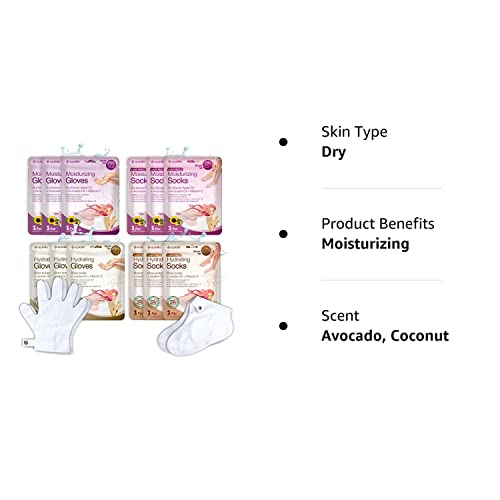 Epielle Hydrating & Moisturizing Gloves & Socks Masks Combo 12pk for Hand and Foot - Dry Hand, Dry Cracked Heel