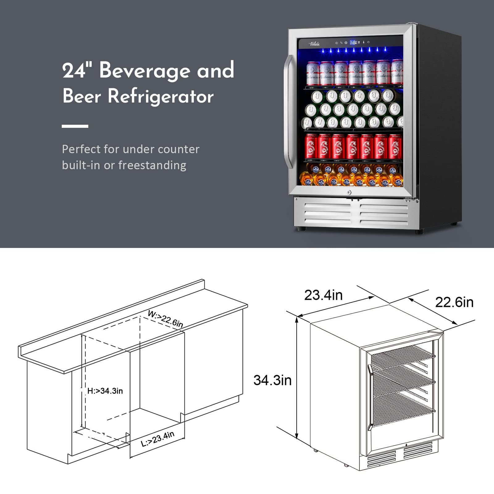 Velieta 24 Inch Beverage Refrigerator Cooler,210 Cans Wide Beverage and Beer Fridge with Glass Door and Powerful Cooling Compressor, Built-in/Freestanding Drink Fridge for Kitchen, Bar or Office