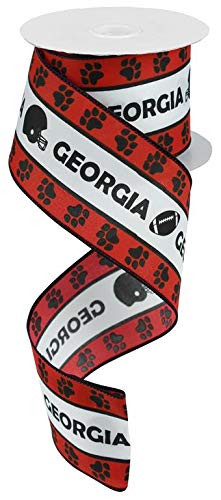 Georgia Print Wired Ribbon Footballs Helmets and Paws for Wreaths Floral Arrangements Gift Wrapping Crafting Red/White/Black, 2.5 Inch x 10 Yards Roll, 1 Roll Per Package