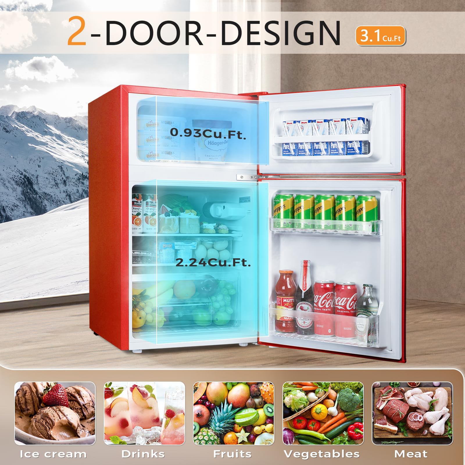 Antarctic Star Mini Fridge Compact Refrigerator 3.2Cu.Ft. AC Only 15 Amp 115 Volt 60 Hz AC Low Noise Large capacity Storage of Beverages Vegetables and Fruits (Red)