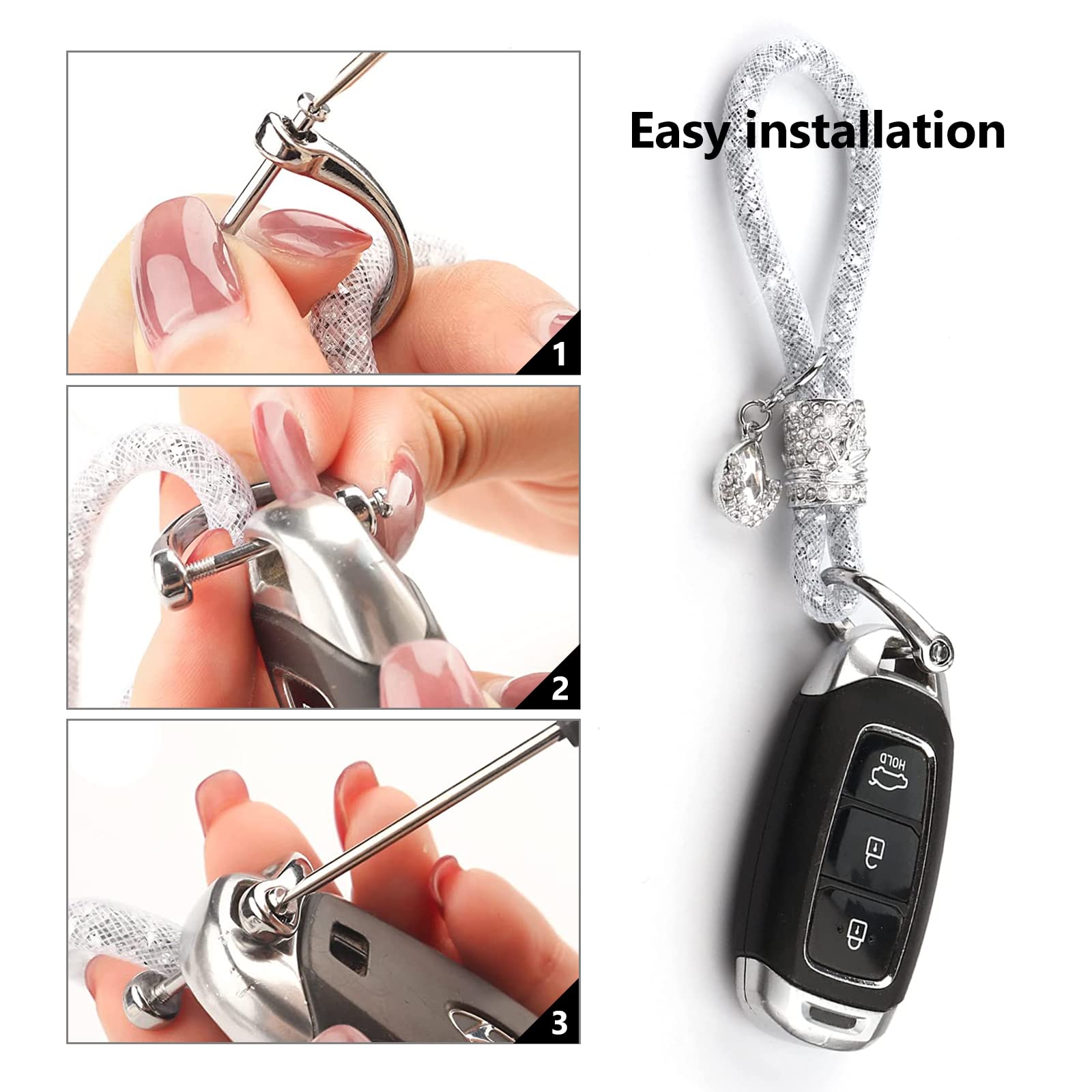 Jawmoy Pack-1 Bling Car Keychain, Rhinestones Keychain Accessories, Metal Crystal Key Chain Ring (Silver)