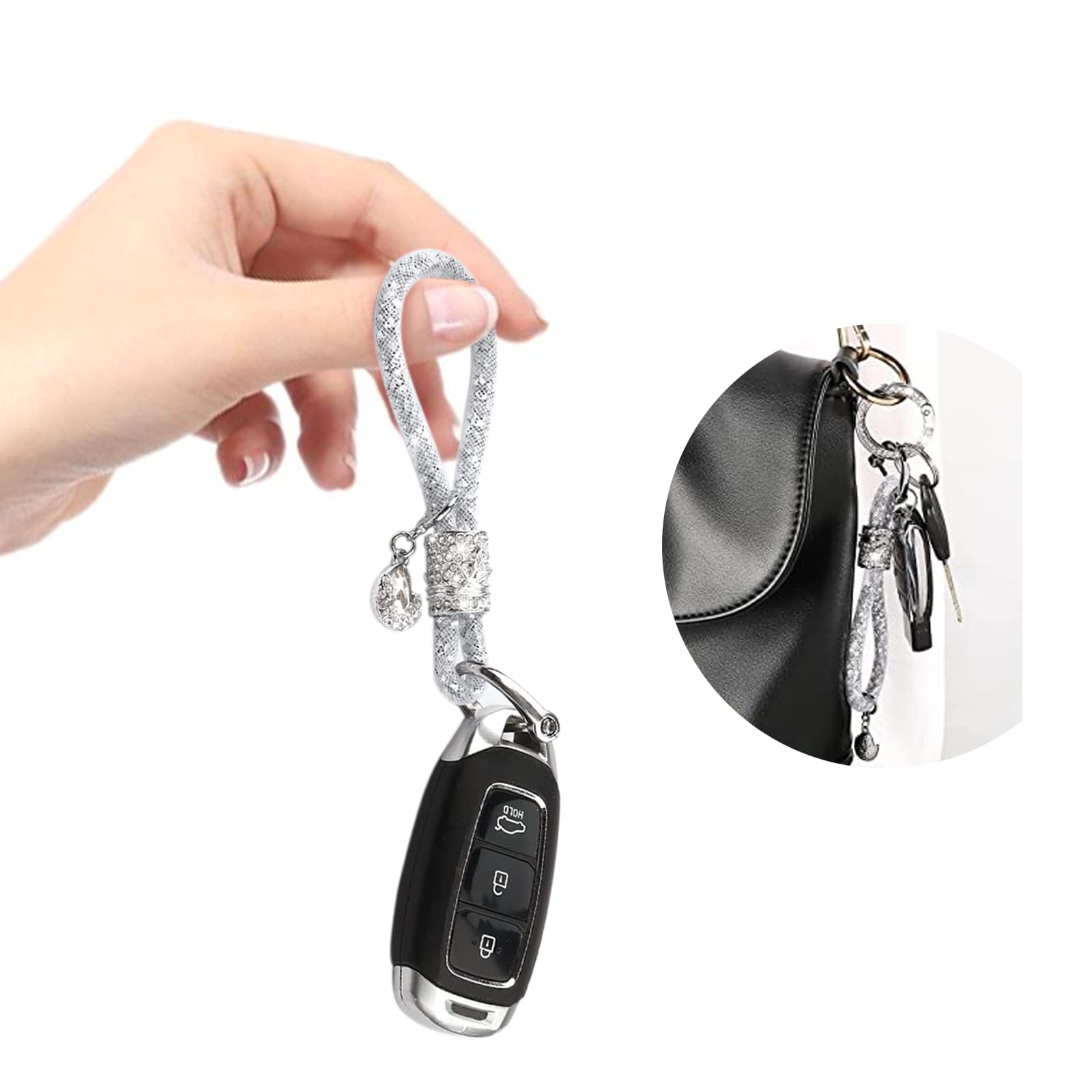 Jawmoy Pack-1 Bling Car Keychain, Rhinestones Keychain Accessories, Metal Crystal Key Chain Ring (Silver)