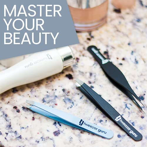 Tweezer Guru Tweezers for Women - Slant Pointed Precision Tweezers for Eyebrows & Ingrown Hair Removal - Blackhead and Splinter Tweezer with Sharp Needle Nose Point for Plucking (Black)