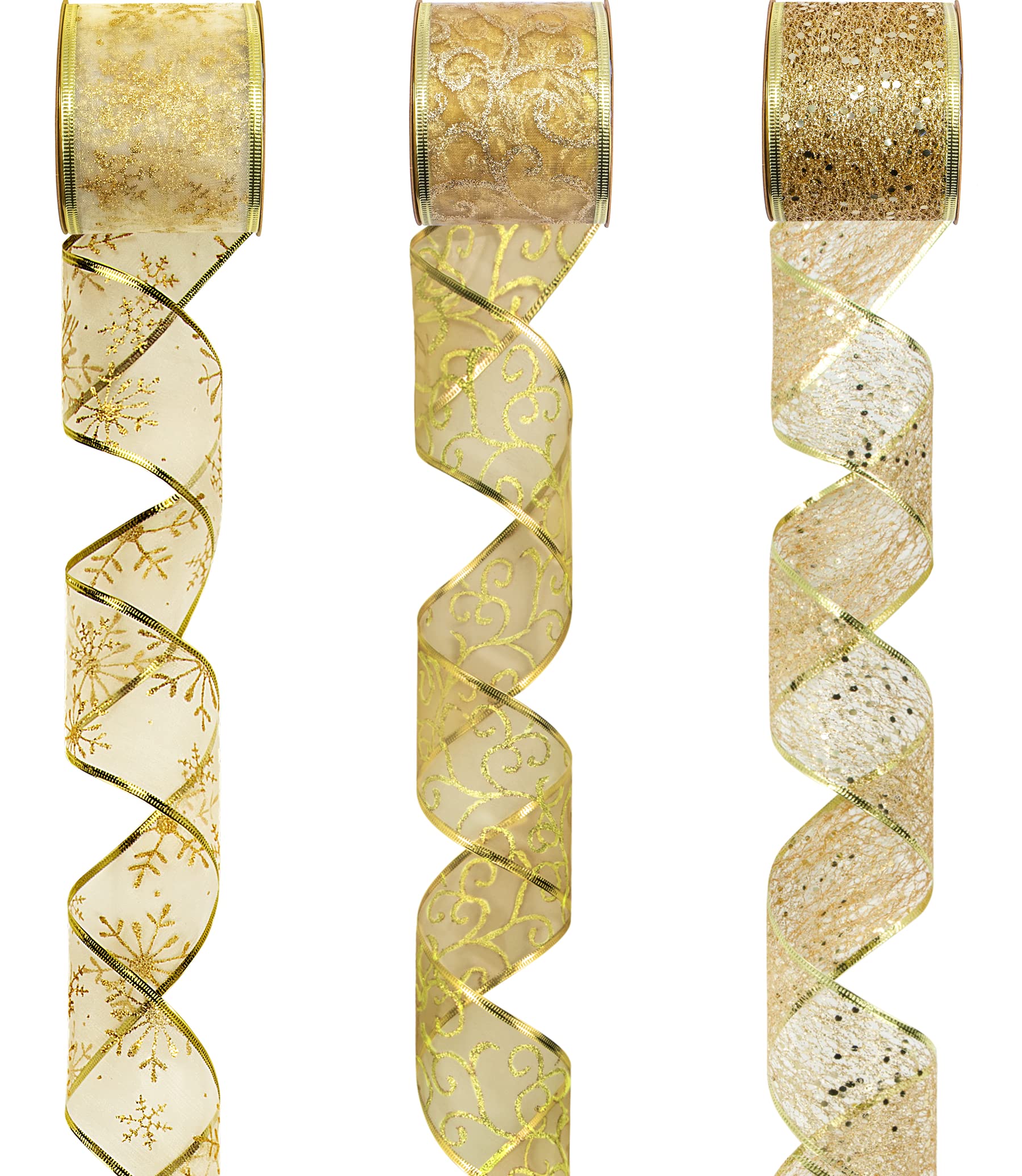 2.5'' Christmas Tree Ribbon Wired, 3 Rolls 30 Yards Gold Christmas Ribbon Mesh Swirl Sheer Glitter Snowflake Organza Ribbon for Christmas Tree Decorations Gift Wrapping, Crafts Garland Xmas Wreath