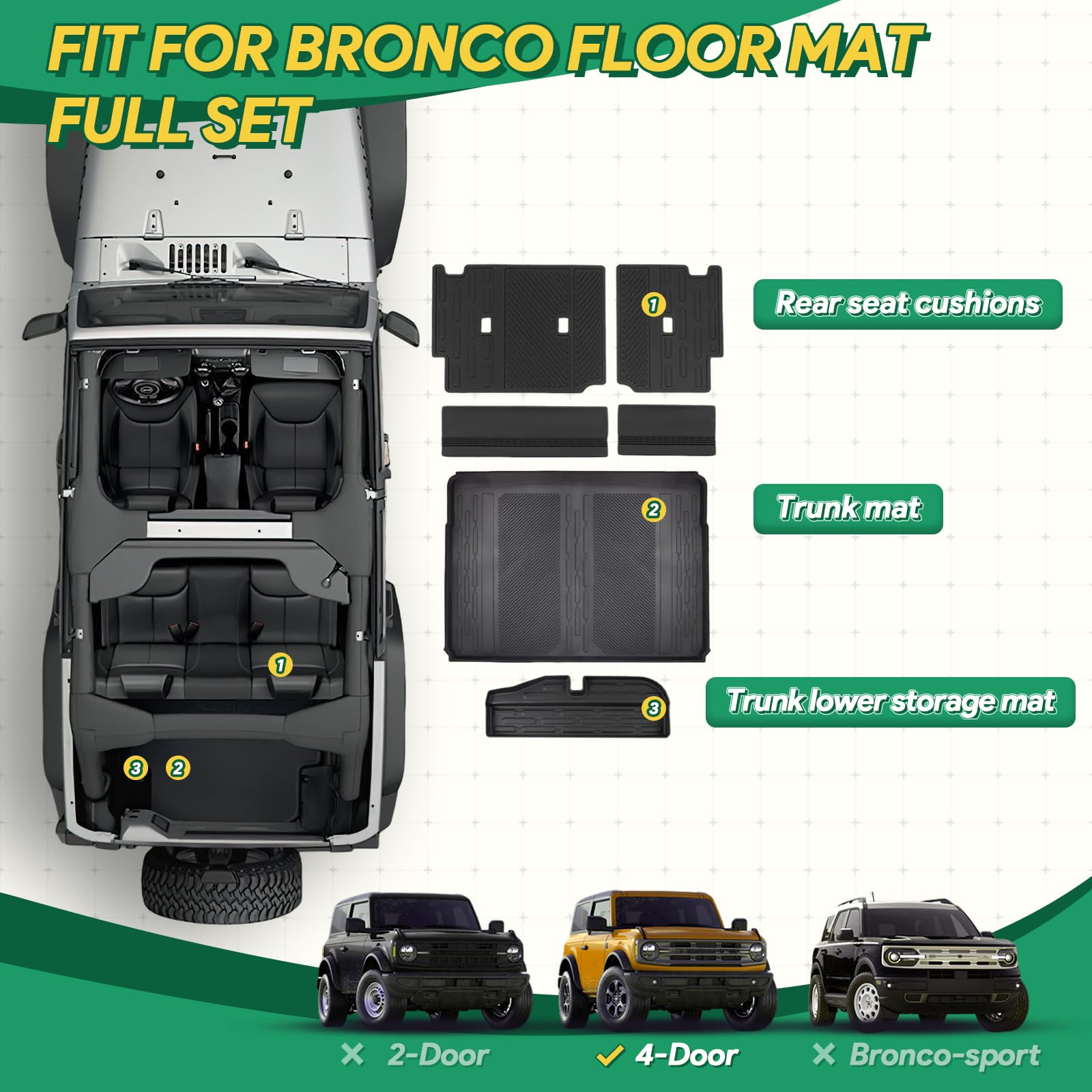 Navoroge Trunk and Seatback Mats for 2021 2022 2023 2024 Ford Bronco 4-Door, All-Weather Waterproof Cargo Trunk Mat Backrest Mat Bronco Interior Accessories