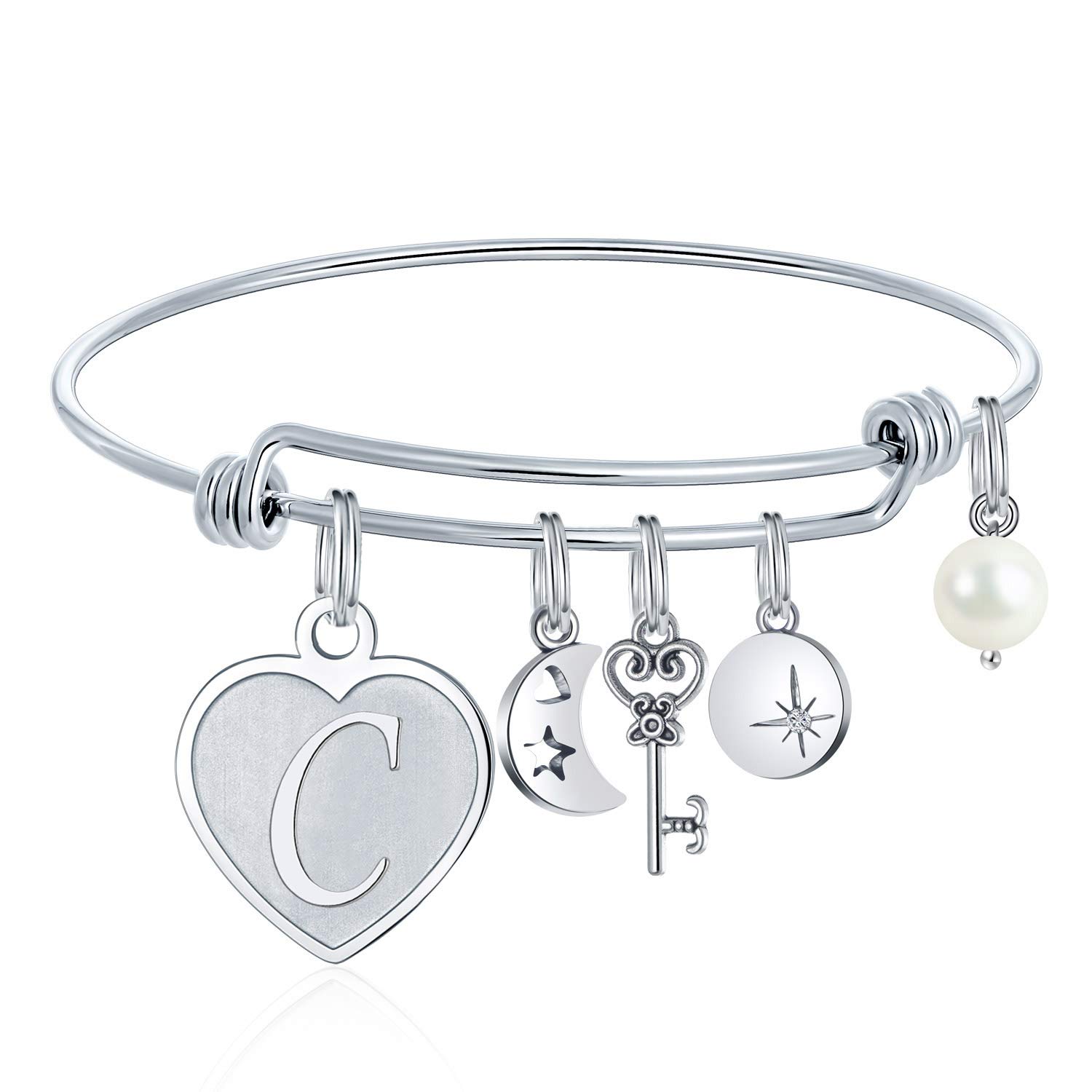 Initial Bangle Bracelets For Women - Heart Charm Engraved Letter C Initial Bracelet Stainless Steel Charms Expandable Wire Bracelets Birthday Jewelry Gifts for Women Teen Girls Girls Teenager
