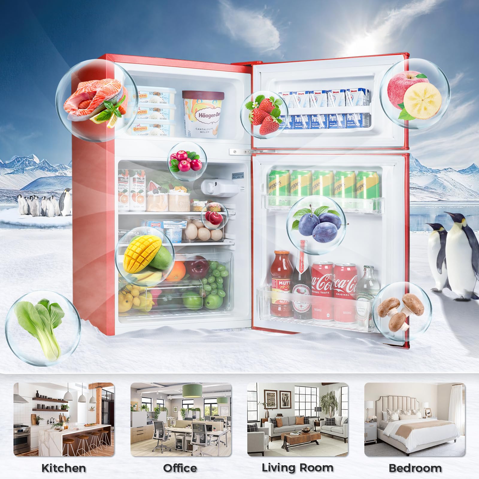 Antarctic Star Mini Fridge Compact Refrigerator 3.2Cu.Ft. AC Only 15 Amp 115 Volt 60 Hz AC Low Noise Large capacity Storage of Beverages Vegetables and Fruits (Red)