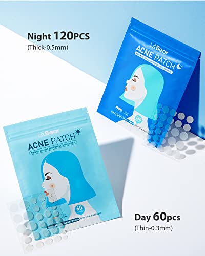 LitBear Acne Pimple Patches- Day and Night 4 Sizes 180 Dots Thin & Thick Hydrocolloid Patches with Witch Hazel, Tea Tree & Calendula Oil, Extra Adhesion Pimple Patches for Face Zit Patch Acne Dots