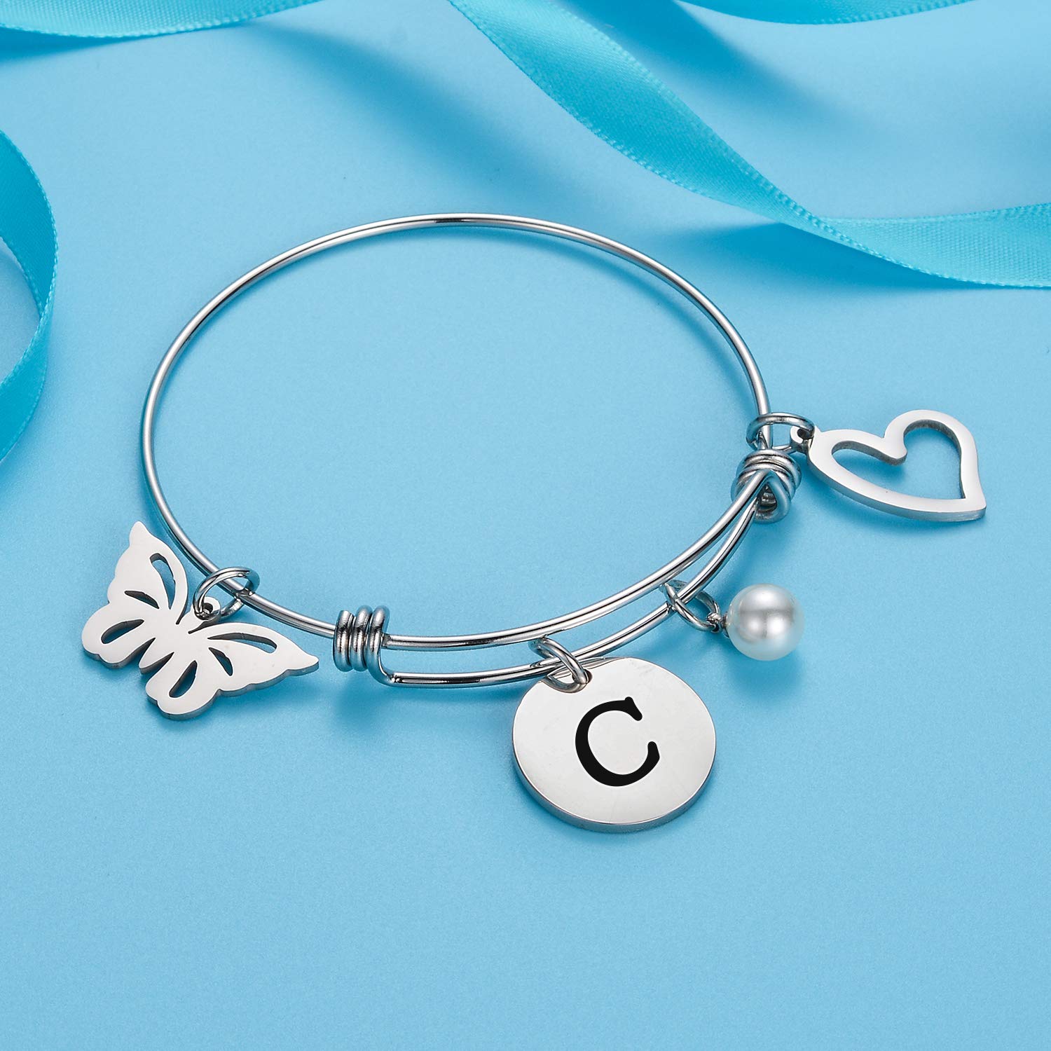 malyunin Initial Bracelet Charm Bracelets Heart Butterfly 26 Letters Alphabet Bracelet for Women Letter Bracelet Personalized Jewelry (C)