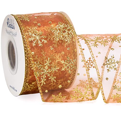 Ribbli Snowflake Glitter Wired Ribbon, Rose Gold Organza Sheer Ribbon with Gold Glitter Snowflake Pattern and Iridescent Metallic Edge,2-1/2 Inch x 10Yards Christmas Ribbon for Tree Decoration