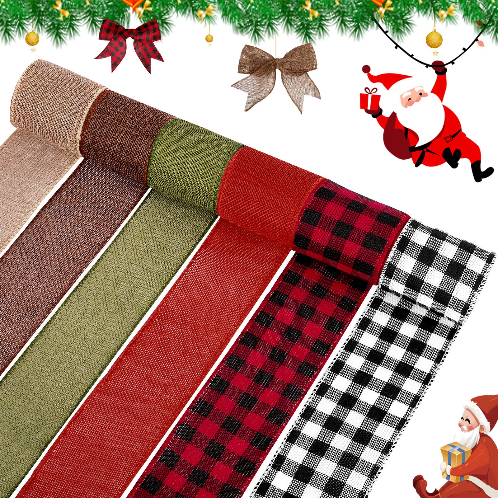 6 Rolls Wired Christmas Ribbon 30 Yards 2-1/2'' Wired Edge Burlap Ribbons for Christmas Thanksgiving DIY Gift Wrapping Wedding Floral Bows Crafts