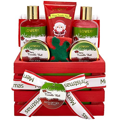 Bath and Body Christmas Gift Basket For Women and Men β Cherry Twinkle Bell Home Spa Set, Includes Fragrant Body Lotions, Bath Salts, Stocking Stuffer, Loofah Scrubber and More
