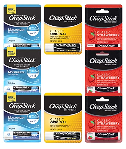Chapstick Variety Pack Classic Original, SPF 15, & Strawberry Lip Balm Sticks Bulk, 0.15 Oz (8 Count) - Chap Stick Skin Protectant Moisturizer Tubes, Stocking Stuffers - By Dr. Plenty