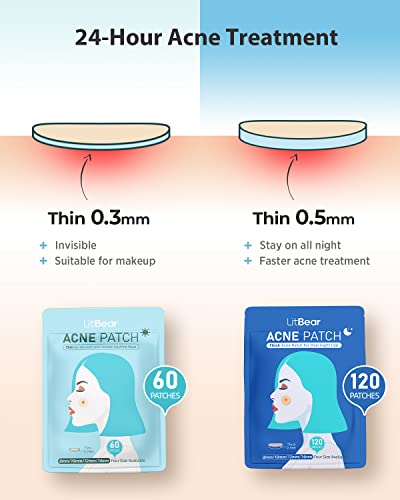 LitBear Acne Pimple Patches- Day and Night 4 Sizes 180 Dots Thin & Thick Hydrocolloid Patches with Witch Hazel, Tea Tree & Calendula Oil, Extra Adhesion Pimple Patches for Face Zit Patch Acne Dots