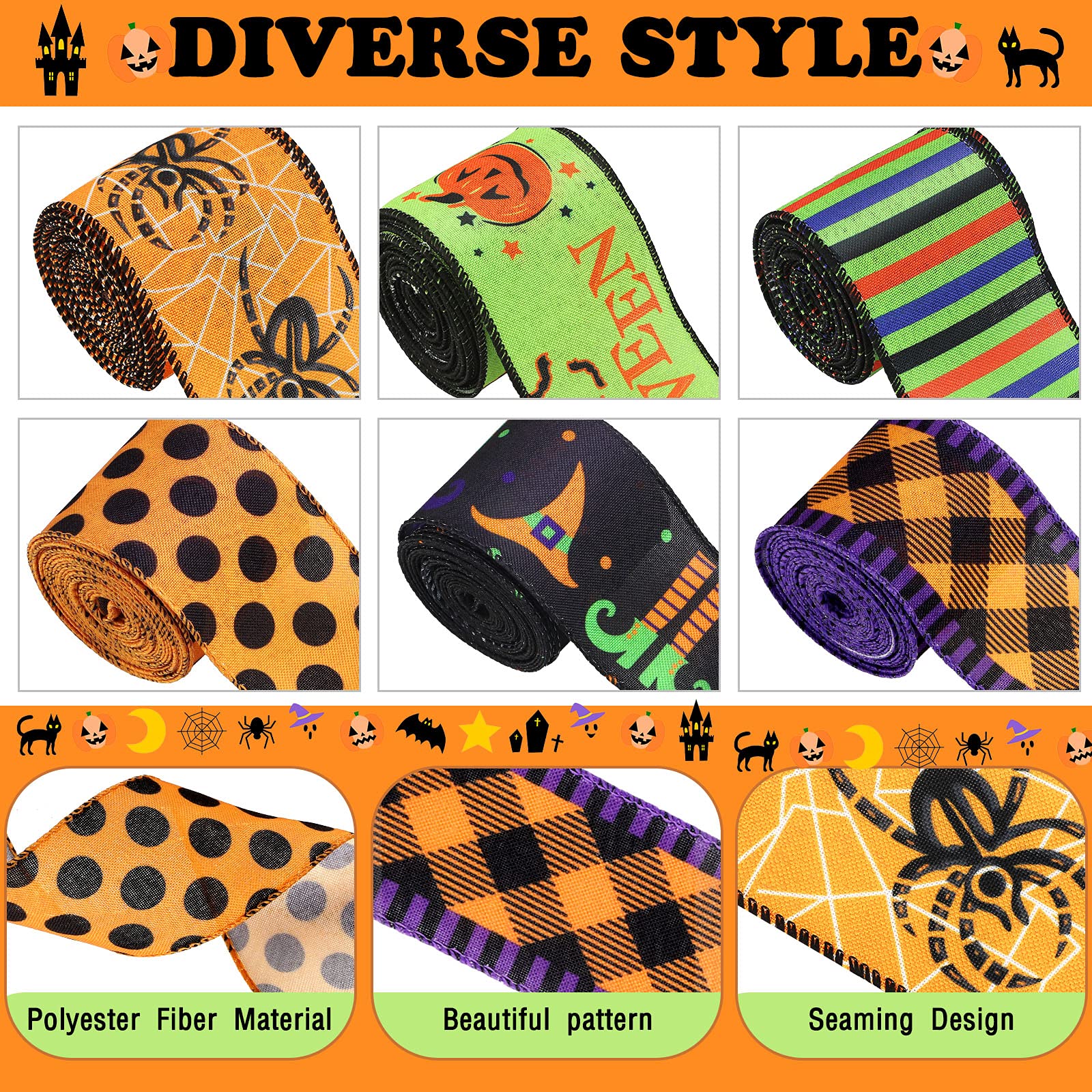 6 Rolls 30 Yards Halloween Wired Edge Ribbons Stripe Burlap Printed Ribbon Spider Web Pumpkin Ribbon Happy Halloween Decorative Wrapping Ribbon for Halloween DIY Craft Floral Bow