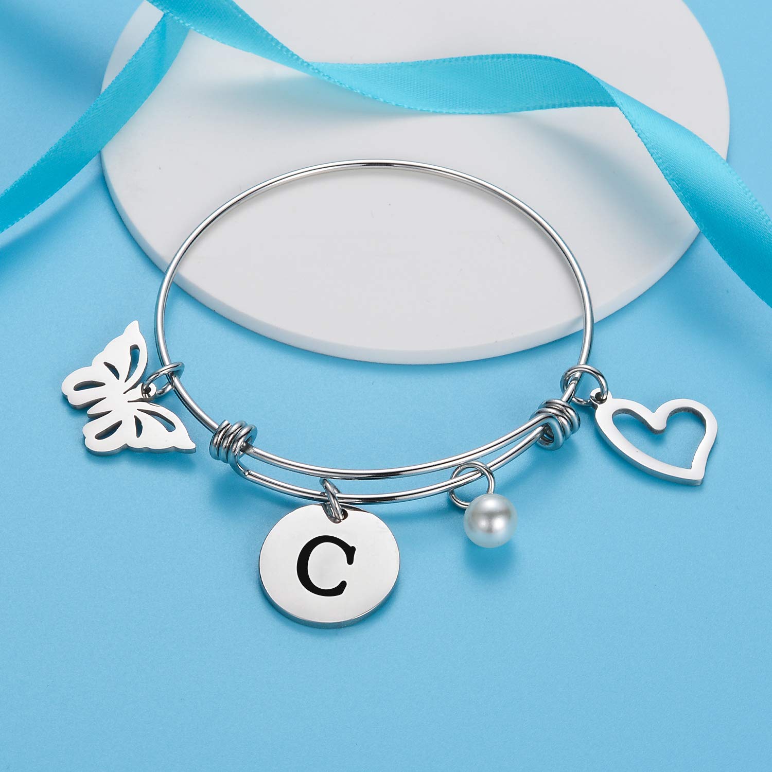 malyunin Initial Bracelet Charm Bracelets Heart Butterfly 26 Letters Alphabet Bracelet for Women Letter Bracelet Personalized Jewelry (C)