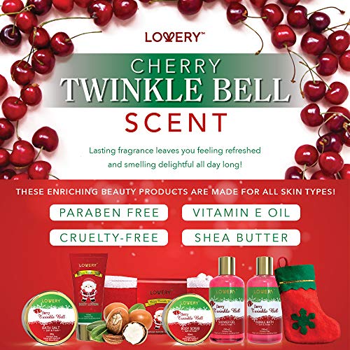 Bath and Body Christmas Gift Basket For Women and Men β Cherry Twinkle Bell Home Spa Set, Includes Fragrant Body Lotions, Bath Salts, Stocking Stuffer, Loofah Scrubber and More