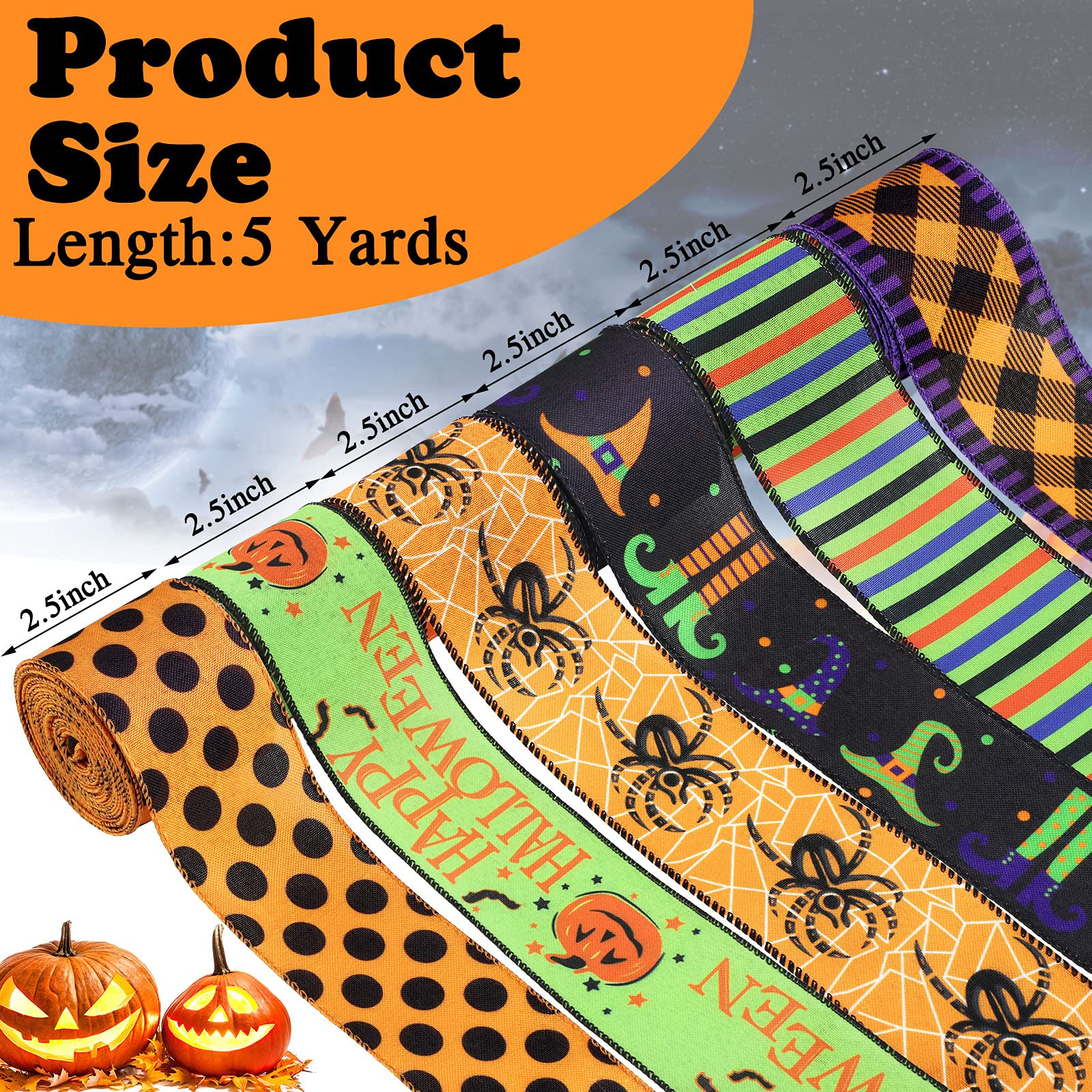 6 Rolls 30 Yards Halloween Wired Edge Ribbons Stripe Burlap Printed Ribbon Spider Web Pumpkin Ribbon Happy Halloween Decorative Wrapping Ribbon for Halloween DIY Craft Floral Bow