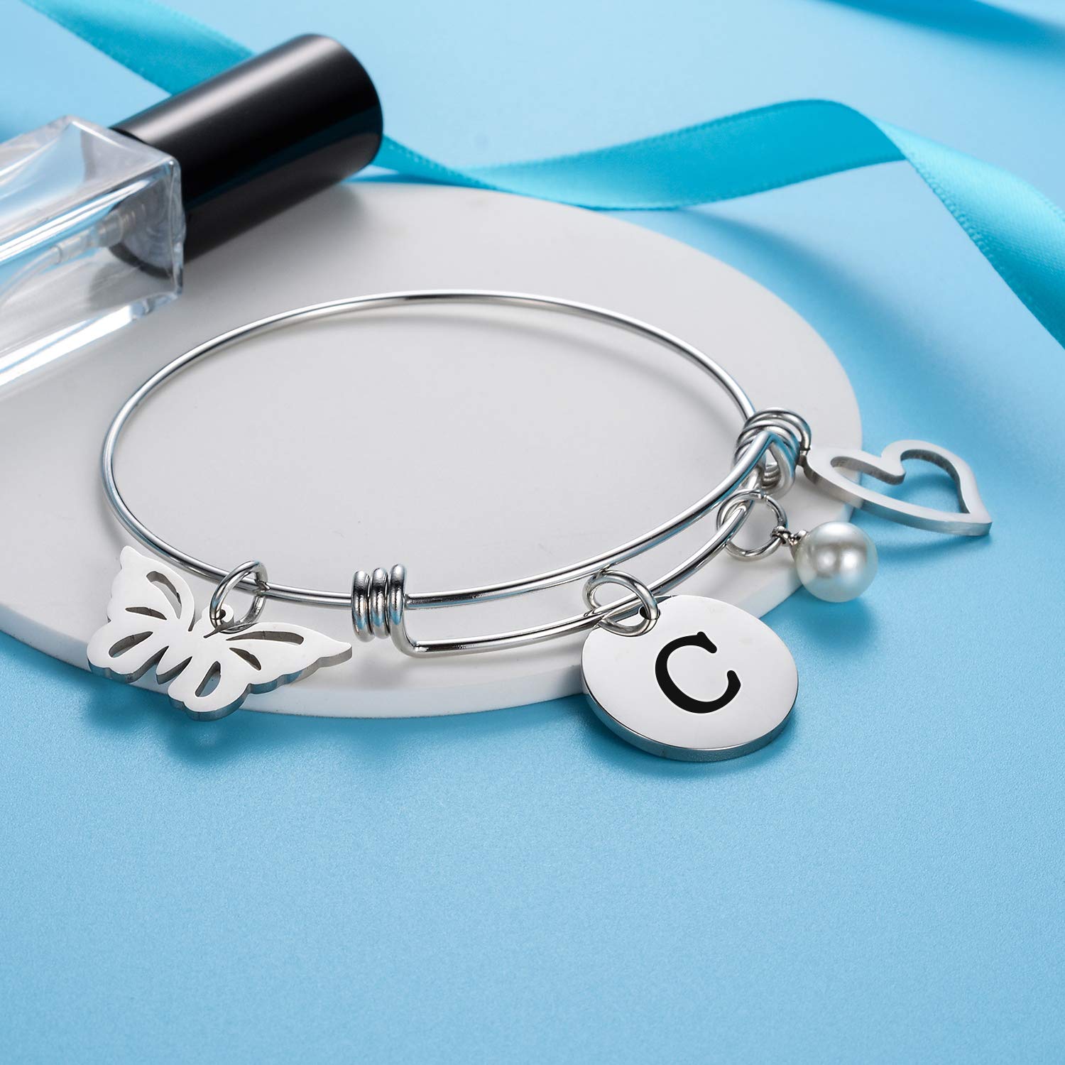 malyunin Initial Bracelet Charm Bracelets Heart Butterfly 26 Letters Alphabet Bracelet for Women Letter Bracelet Personalized Jewelry (C)