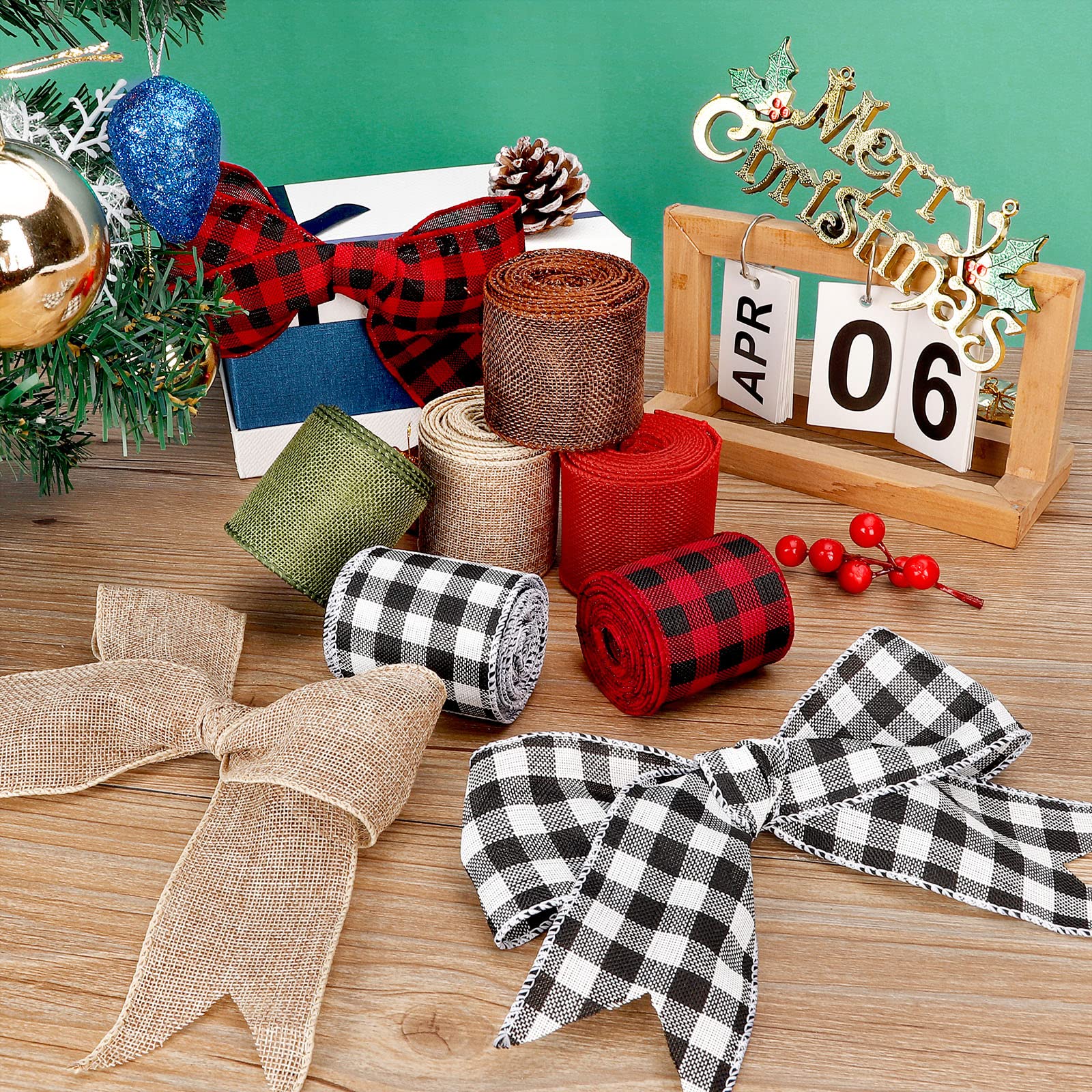 6 Rolls Wired Christmas Ribbon 30 Yards 2-1/2'' Wired Edge Burlap Ribbons for Christmas Thanksgiving DIY Gift Wrapping Wedding Floral Bows Crafts