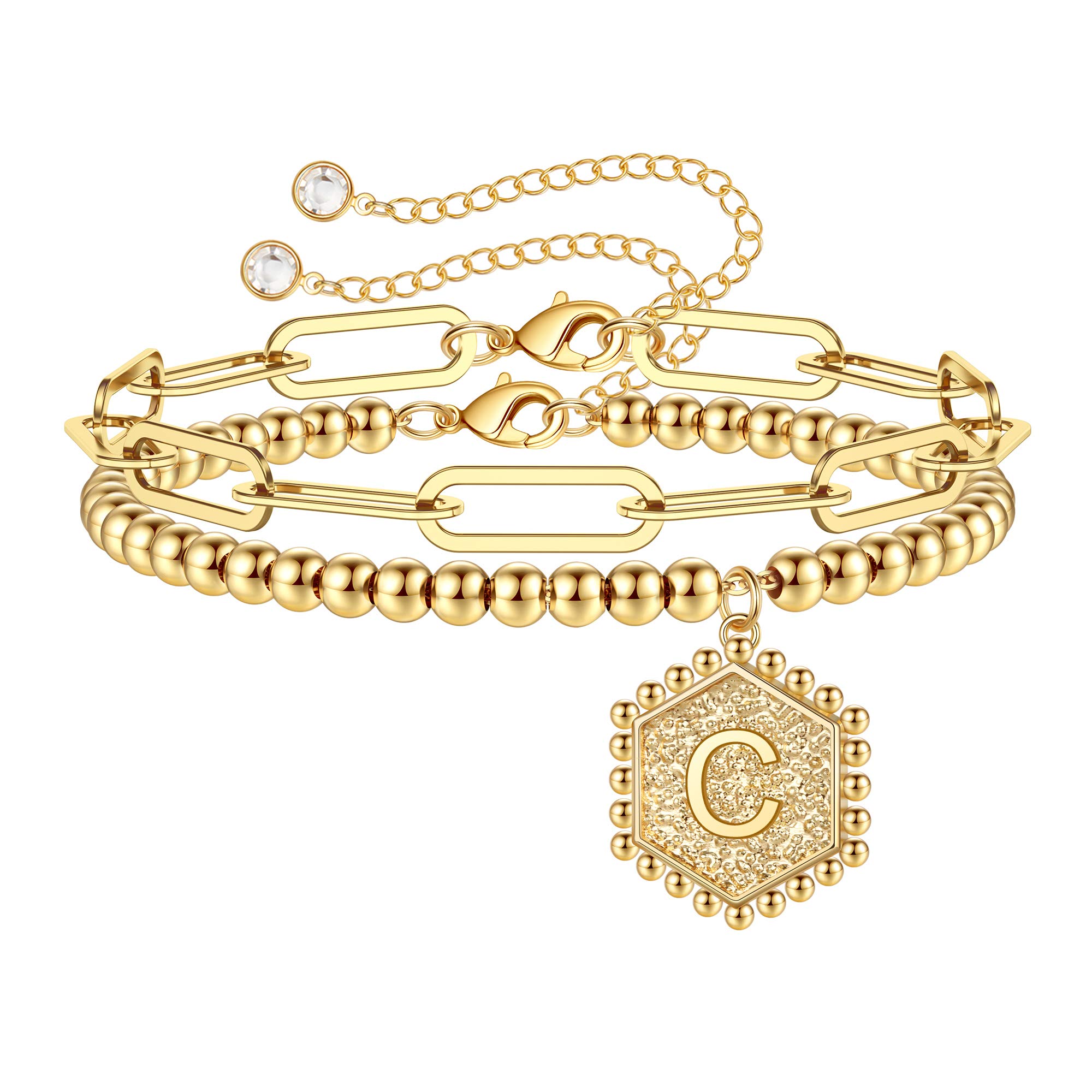 IEFWELL Gold Initial Bracelets for Women Gold Beaded Bracelets for Women Letter C Bracelets for Women Gold Jewelry