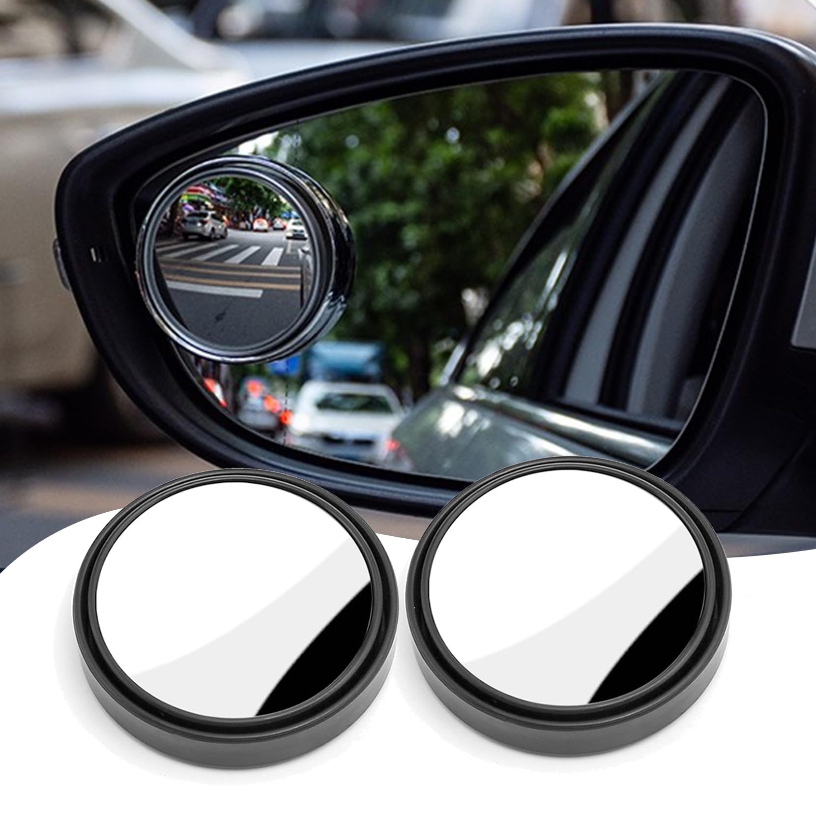 Yumfugu 2 PCS Car Reversing Auxiliary Blind Spot Mirror, 360° Rotating Push-type Hgh-definition Crystal Glass Rear View Small Round Mirror, Expand Vision Frameless Accessory, for Most Models (Black)