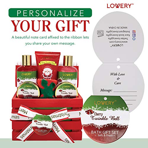 Bath and Body Christmas Gift Basket For Women and Men β Cherry Twinkle Bell Home Spa Set, Includes Fragrant Body Lotions, Bath Salts, Stocking Stuffer, Loofah Scrubber and More