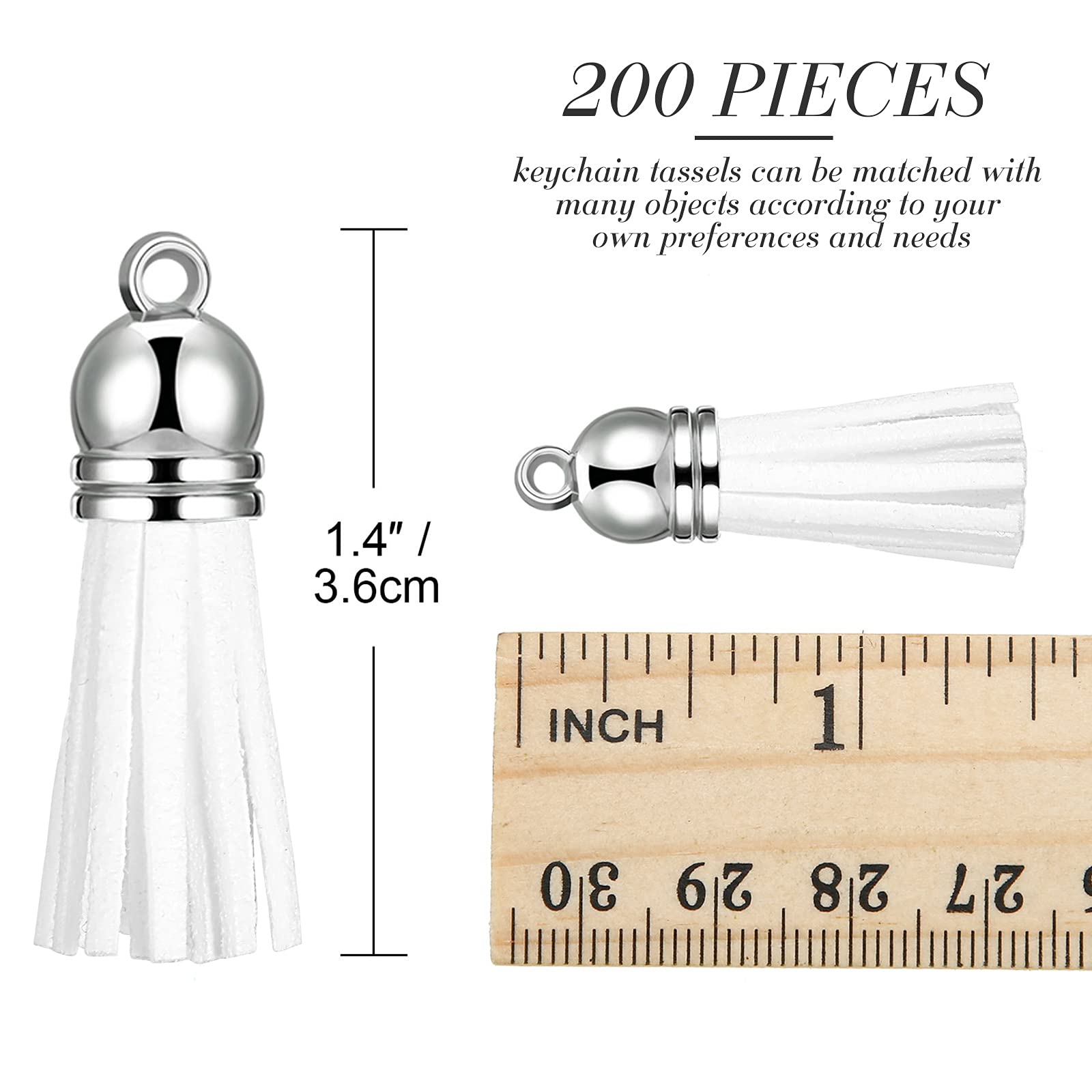 200 Pieces Keychain Tassels Faux Suede Leather Tassel Pendants Keychain Decoration Tassels with Loop for DIY Crafts Making Supplies (White)
