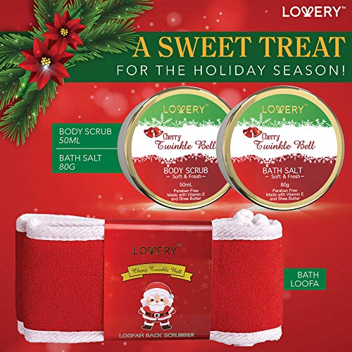 Bath and Body Christmas Gift Basket For Women and Men β Cherry Twinkle Bell Home Spa Set, Includes Fragrant Body Lotions, Bath Salts, Stocking Stuffer, Loofah Scrubber and More