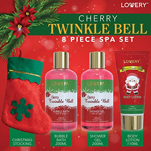 Bath and Body Christmas Gift Basket For Women and Men β Cherry Twinkle Bell Home Spa Set, Includes Fragrant Body Lotions, Bath Salts, Stocking Stuffer, Loofah Scrubber and More