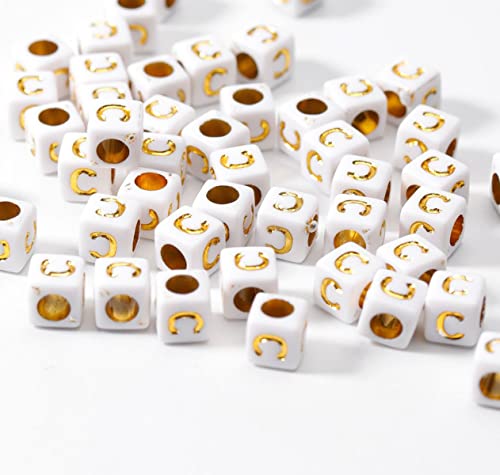 Bxwoum 100 Pieces 6x6mm Acrylic Alphabet Letter Beads Gold Letters White Cube Bead Letter C Beads for Jewelry Making Bracelets Necklaces Key Chains