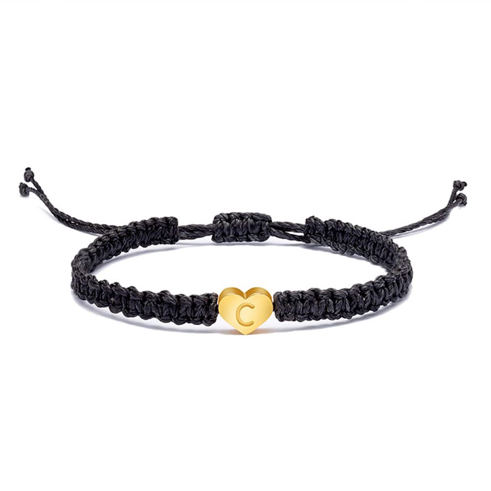 JczR.Y C Braided Rope Letter Bracelet Initial Letter Heart Bracelet Charm For Women Handmade Adjustable Alphabet Link Wristband Jewelry(C)