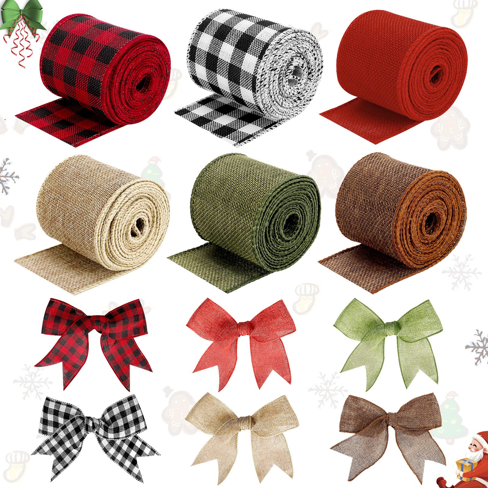 6 Rolls Wired Christmas Ribbon 30 Yards 2-1/2'' Wired Edge Burlap Ribbons for Christmas Thanksgiving DIY Gift Wrapping Wedding Floral Bows Crafts