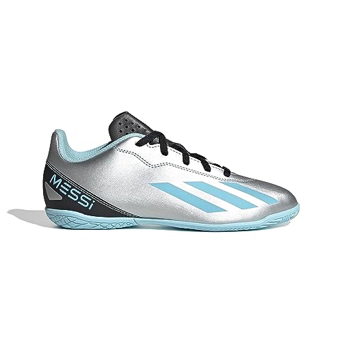 adidas X Crazyfast Messi.4 Indoor Sneaker, Silver Metallic/Bliss Blue/Core Black, 2 US Unisex Little Kid