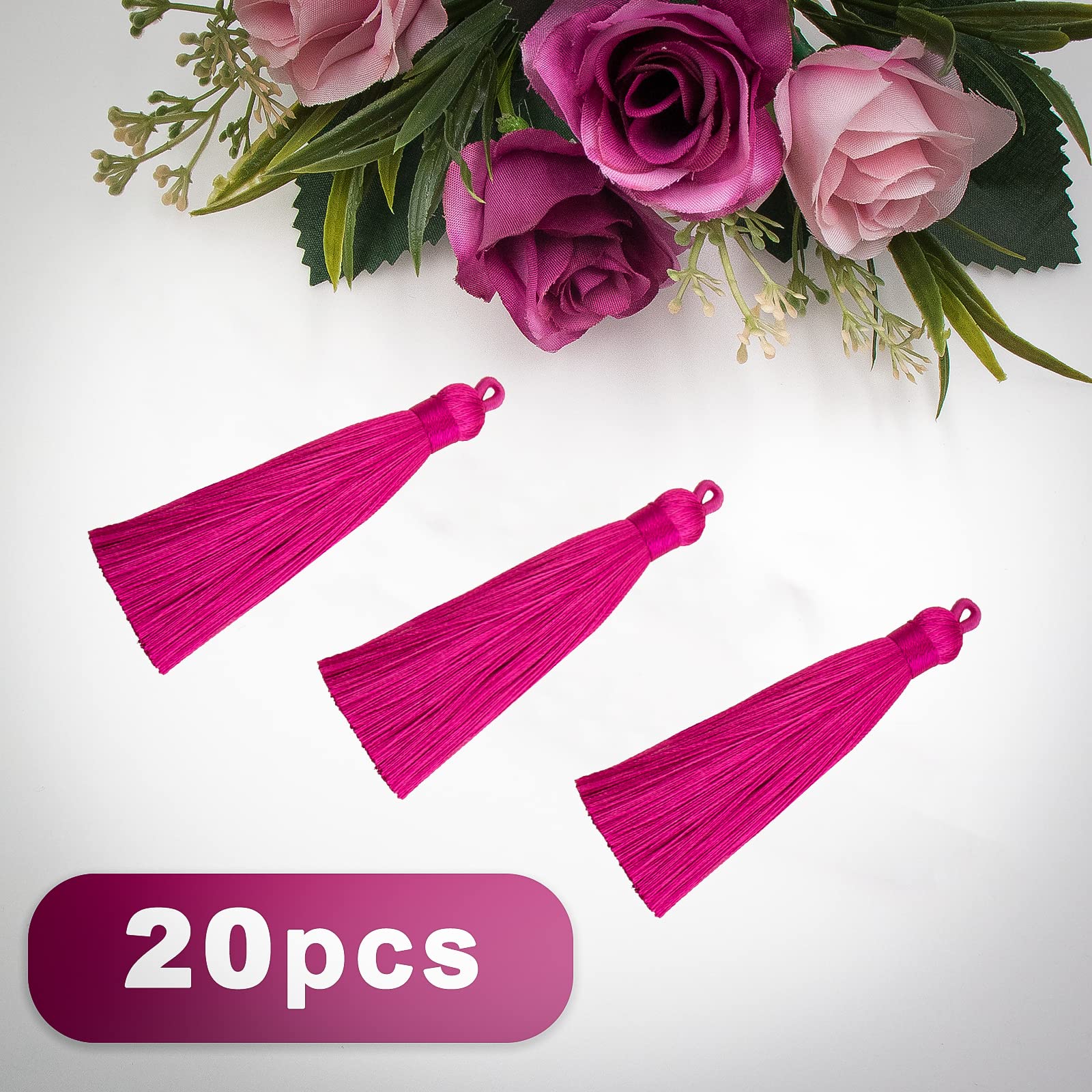 VAPKER 20pcs Deep Pink Tassel Mini Silk Tassels for Craft Jewelry Making Woman, Handmade Soft Ice Silky Tassels with Loops for DIY Projects, Bookmarks(8.5CM/3.5 Inches)